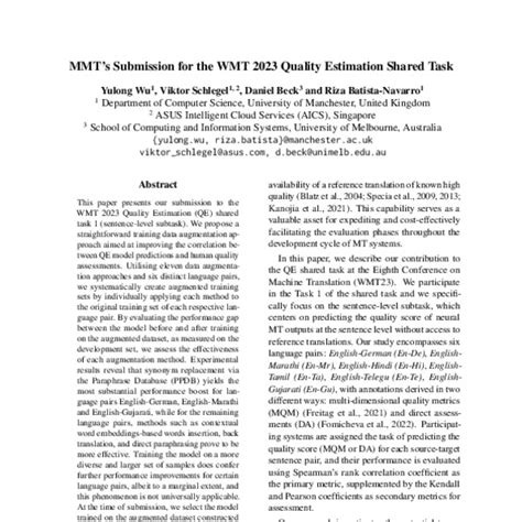 Mmts Submission For The Wmt 2023 Quality Estimation Shared Task Acl Anthology