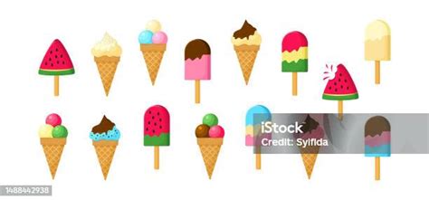 아이스크림 콘과 스틱 만화 여름 순대 벡터 아이콘 부드러운 디저트 다른 맛 달콤한 음식 컬렉션 사탕 그림 Popsicle Stick에 대한 스톡 벡터 아트 및 기타 이미지