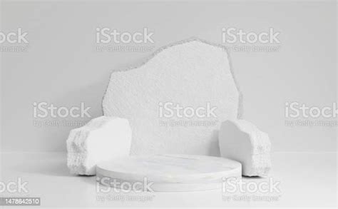 3d는 흰색 배경에 대리석 돌 연단을 표시합니다 프레젠테이션을 위한 빈 흰색 돌 연단 추상 흰색 배경 개념입니다 기하학적 플랫폼