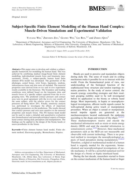 Pdf Subject Specific Finite Element Modelling Of The Human Hand