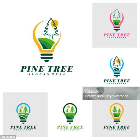 Set Vektor Desain Logo Pohon Pinus Dengan Bulb Template Konsep Logo