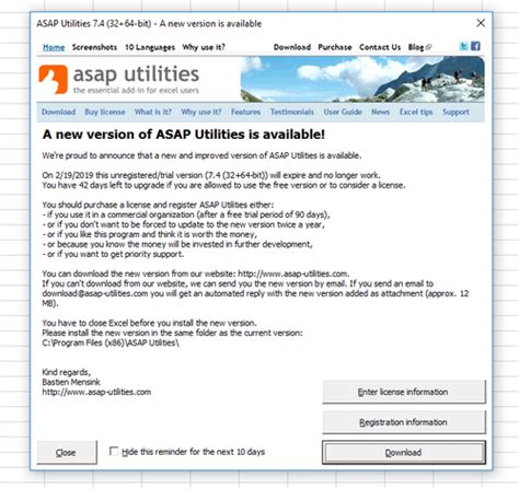 ASAP Utilities For Excel New Version Upgrade Update Policy