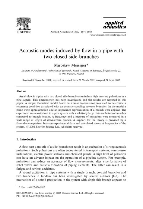 PDF Acoustic Modes Induced By Flow In A Pipe With Two Closed Side Branches