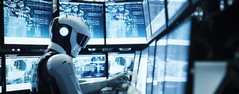A Humanoid Robot Monitors Data On Multiple Screens In A Hightech