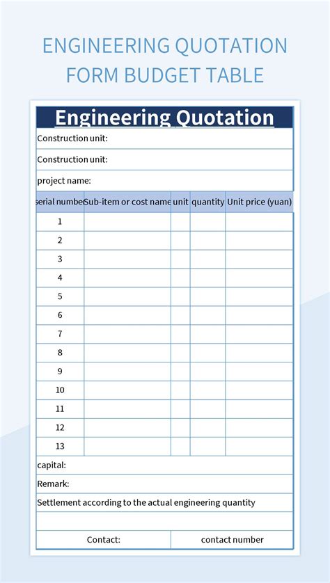 Engineering Quotation Form Budget Table Excel Template And Google Sheets File For Free Download