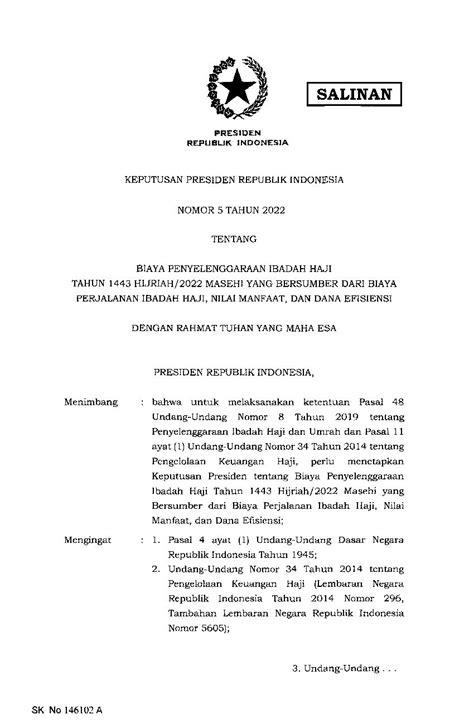 Keputusan Presiden No 5 Tahun 2022 Tentang Biaya Penyelenggaraan Ibadah