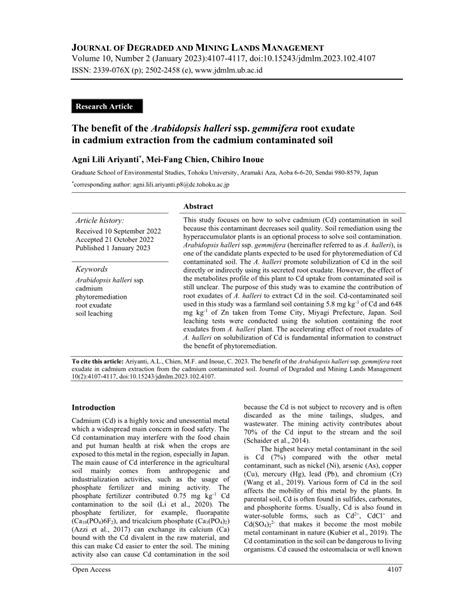 Pdf The Benefit Of The Arabidopsis Halleri Ssp Gemmifera Root Exudate In Cadmium Extraction