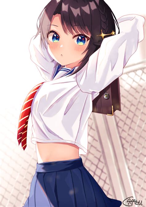 Safebooru 1girl Arms Behind Head Arms Up Black Hair Blue Eyes Blue