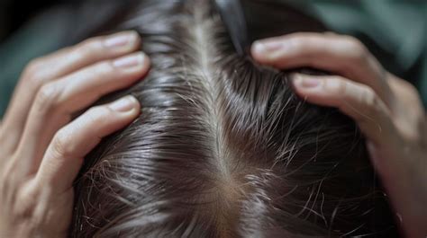 Close Up Of Women Hands Massaging Hairline With Thinning And Grey Hairs
