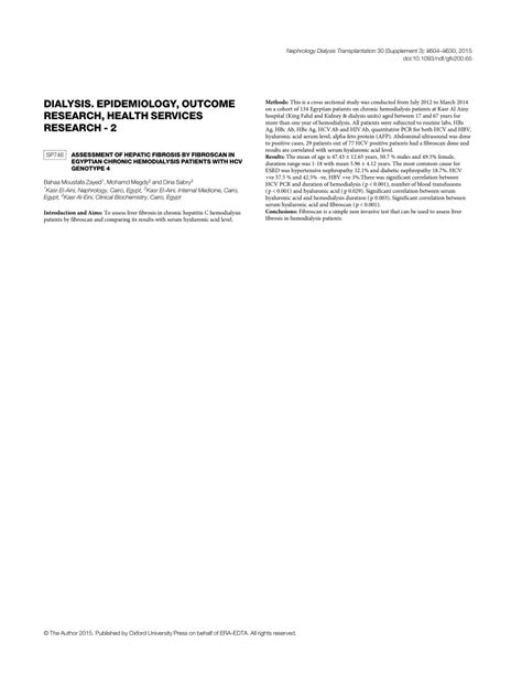 PDF SP746ASSESSMENT OF HEPATIC FIBROSIS BY FIBROSCAN IN EGYPTIAN CHRONIC HEMODIALYSIS PATIENTS
