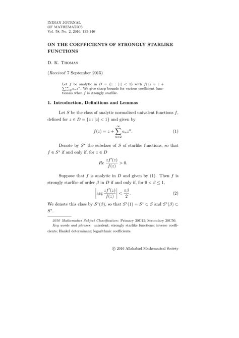 Pdf On The Coefficients Of Strongly Starlike Functions