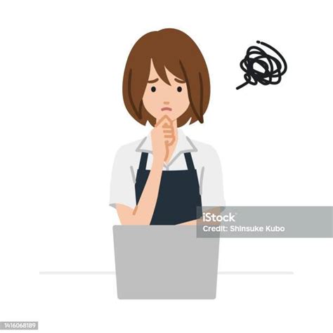 그녀의 책상에 그녀의 턱에 그녀의 손가락에 문제가 노트북 컴퓨터를 사용하여 카페 앞치마에 여자 걱정하는에 대한 스톡 벡터 아트