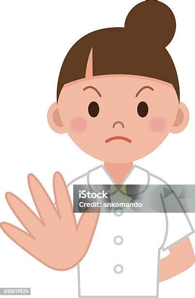 정지 제스처를 보여주는 매력적인 여성 의사의 밝은 그림 간호사에 대한 스톡 벡터 아트 및 기타 이미지 간호사 거절 건강관리와 의술 Istock