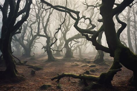 Dark Dramatic Sinister Looking Landscape With Bare Trees Stock