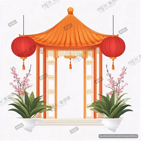 AI创作图凉亭插画 亭子插画 古建筑元素插画 亭台楼阁插画 插画凉亭 中式建筑插画 亭子花架 春节中式建筑 新年喜庆中式门廊 中式园林绘本元素