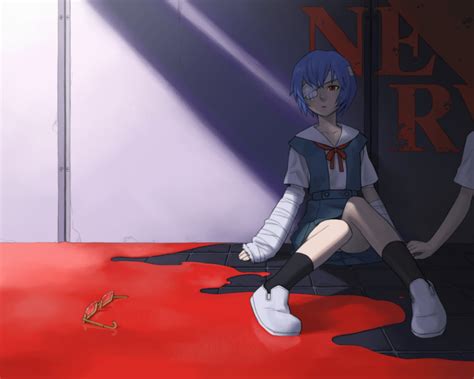 Safebooru Ayanami Rei Bandage Bandage Over One Eye Blood Blue Hair