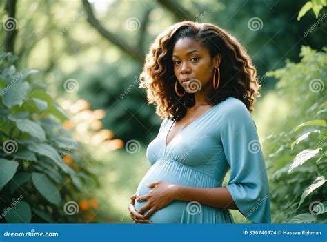 A Pregnant Black Woman With Curly Hair Wearing A Light Blue Dress Stock Illustration