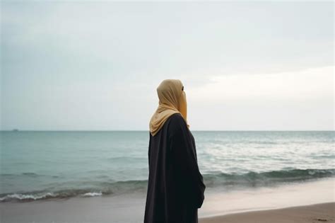 Premium Ai Image Unrecognizable Woman In Hijab Standing On The Beach