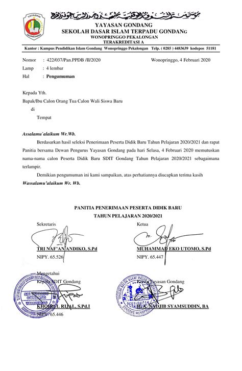 Pengumuman Hasil Seleksi PPDB 2020 2021 SD IT Gondang Wonopringgo
