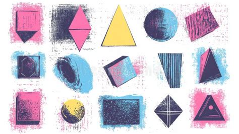 Trendy Brutal Geometric Shapes Set With Riso Graph Print Effect Textured Colorful Art Trendy Brutal Geometric Shapes Set With Riso Graph Print Effect Textured Colorful Art
