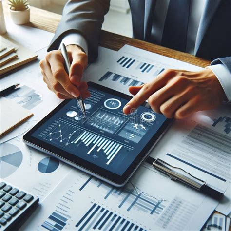 a person analyzes financial data on a tablet surrounded by charts and