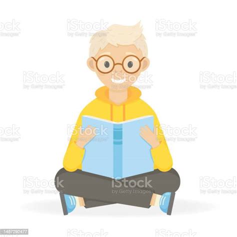 책을 읽는 안경을 쓴 행복한 미소 짓는 소년 힐드는 손에 책을 들고 앉아 있다 흰색 배경에 격리 8 9 살에 대한 스톡 벡터