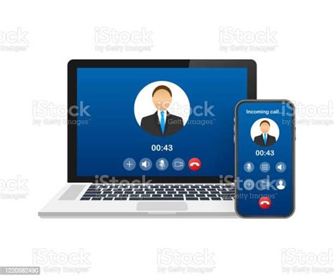 노트북에서 들어오는 화상 통화 수신 전화 남자 프로필 사진과 거부 버튼을 수락 노트북 벡터 스톡 일러스트레이션입니다 Brand