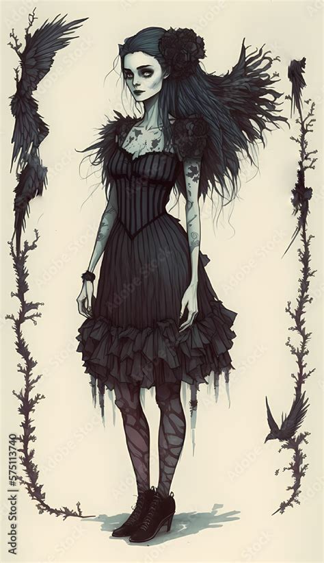 Graphic Novel Style Illustration Of A Tattooed Goth Angel Girl In Black