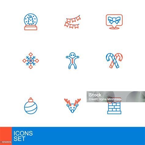 세트 라인 크리스마스 굴뚝 순록 공 줄무늬가 있는 사탕 지팡이 눈송이 휴일 진저브레드 맨 쿠키 선물 활 및 카니발 화환 깃발 아이콘 벡터 0명에 대한 스톡 벡터 아트 및