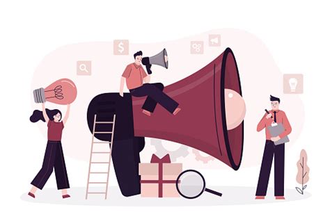 디지털 마케팅의 새로운 아이디어 비즈니스 팀은 판촉 및 인터넷 광고에 확성기를 사용합니다 메시지 선물 및 확성기 채팅 소셜 네트워크 친구에게 추천하세요 개발에 대한 스톡