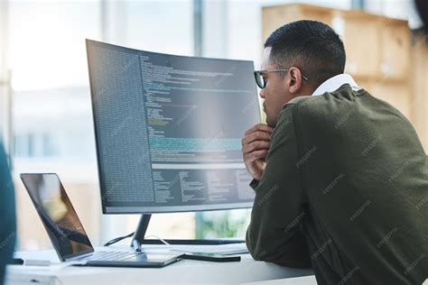 Premium Photo Man Computer Screen And Thinking Of Coding Programming