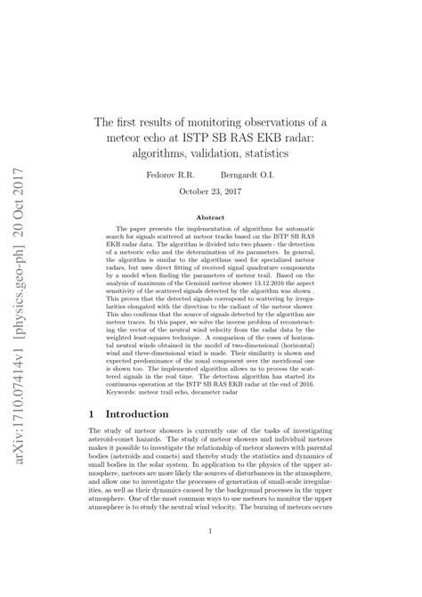 Pdf The First Results Of Monitoring Observations Of A Meteor Echo At Istp Sb Ras Ekb Radar