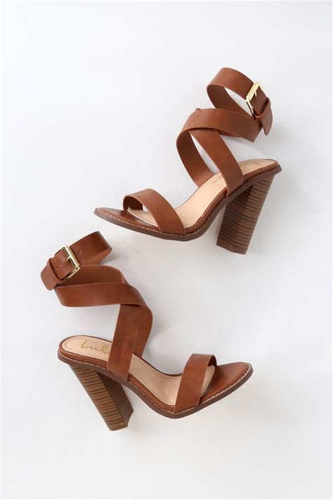 Cute Tan Heels Ankle Strap Heels Wood Look Stacked Heels Lulus