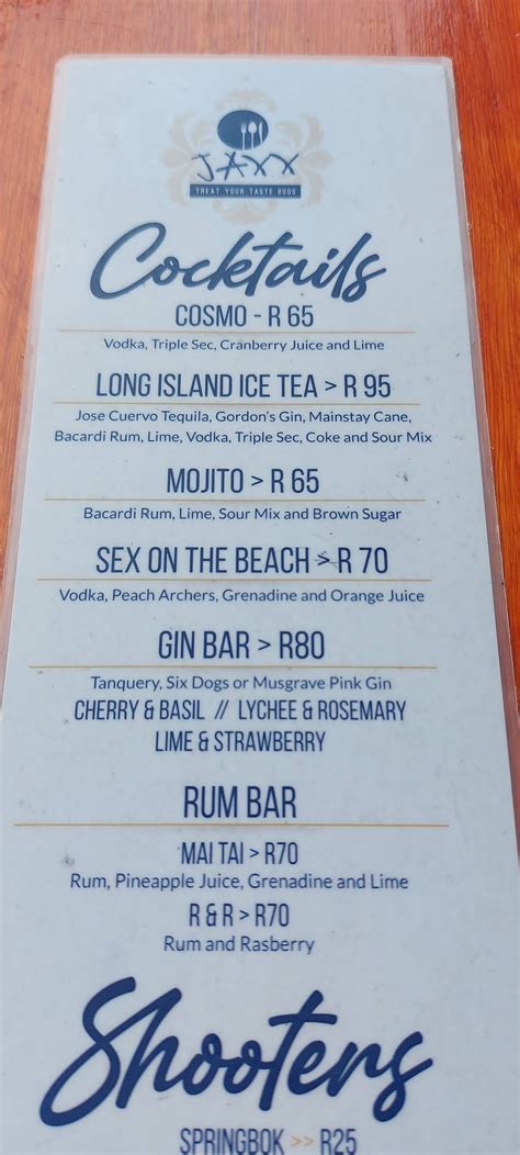 Menu At Jaxx Restaurant Port Shepstone