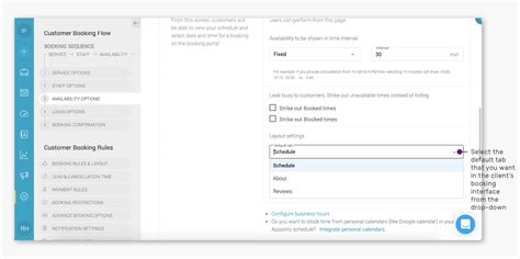 setting the default tab that will appear first in the client s booking