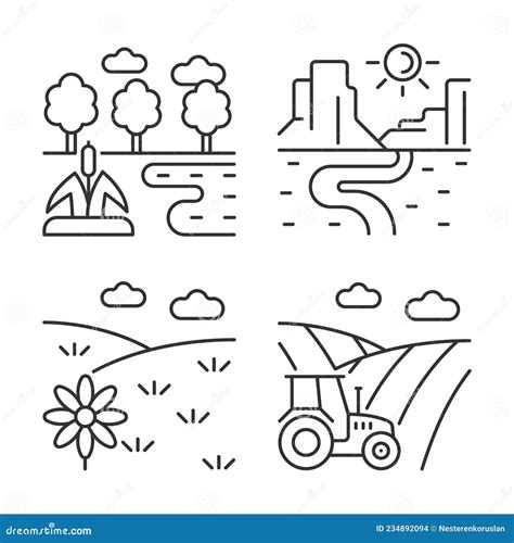 Verschillende Soorten Lineaire Pictogrammen Voor Landtypes Vector