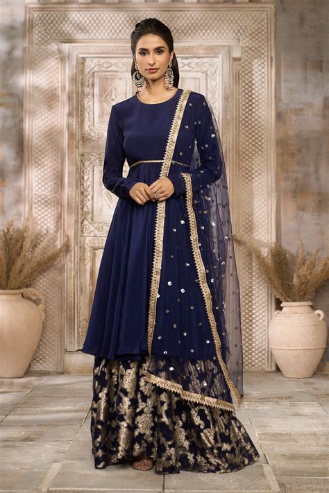 Buy Blue Crepe Woven Sequin Round Floral Brocade Sharara Set For Women