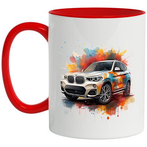 Чаша за кола Марка Bmw Пръски Акварел Боя Многоцветна 330 мл Керамика с червена дръжка