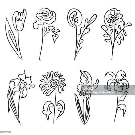 한 줄에 야생화 세트 흰색 배경에 벡터 그림입니다 펜으로 손으로 그린 0명에 대한 스톡 벡터 아트 및 기타 이미지 0명 꽃 나무 꽃 식물 Istock