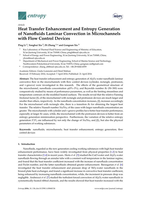 Pdf Heat Transfer Enhancement And Entropy Generation Of Nanofluids Laminar Convection In