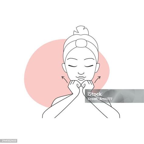 마사지 화살표 라인 아이콘을 따라 손가락으로 턱 피부를 마사지하는 모델 소녀 그리기에 대한 스톡 벡터 아트 및 기타 이미지