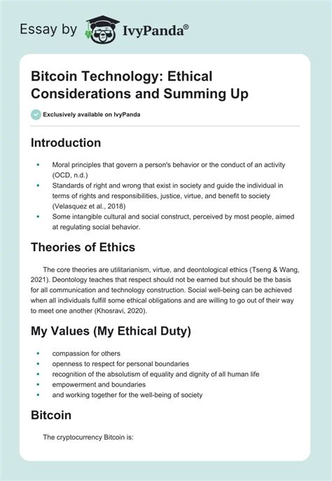 Bitcoin Technology Ethical Considerations And Summing Up 584 Words Essay Example