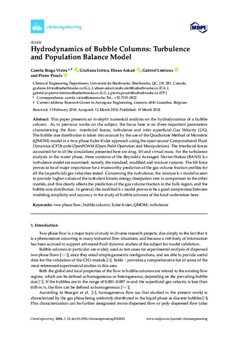 Pdf Hydrodynamics Of Bubble Columns Turbulence And Population Balance Model