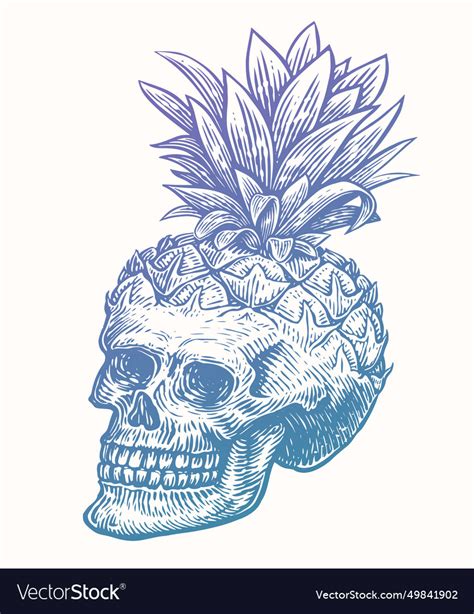 Hand Drawn Human Skull Pineapple With Leaves Vector Image