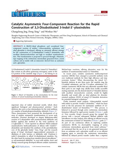 Pdf Catalytic Asymmetric Four Component Reaction For The Rapid Construction Of 3 3