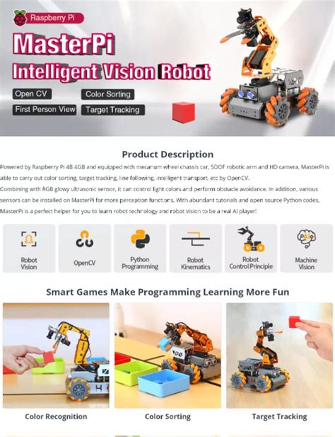 hiwonder masterpi ai vision robot arm with mecanum wheels