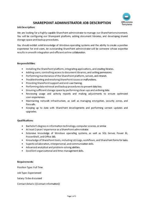 Sharepoint Administrator Job Description Gratis