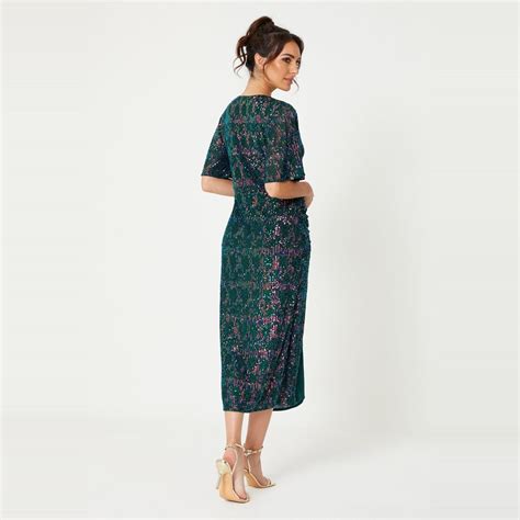 Be You Sequin V Neck Midi Dress Green Rainbow