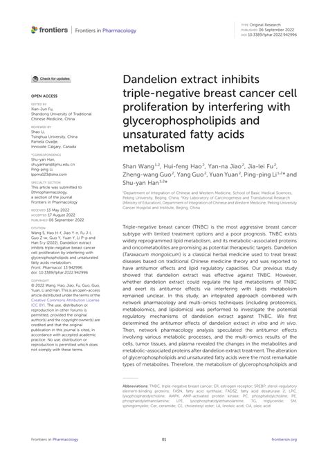PDF Dandelion Extract Inhibits Triple Negative Breast Cancer Cell