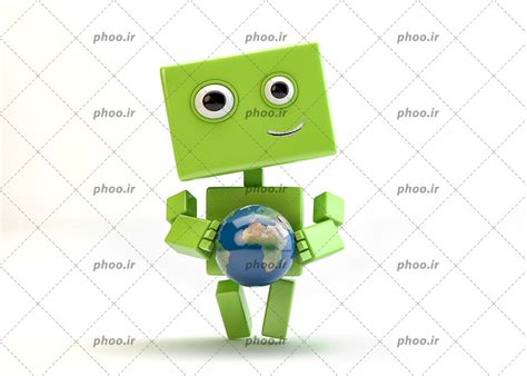عکس با کیفیت کره زمین در دست ربات سبز کوچک عکس با کیفیت و تصاویر
